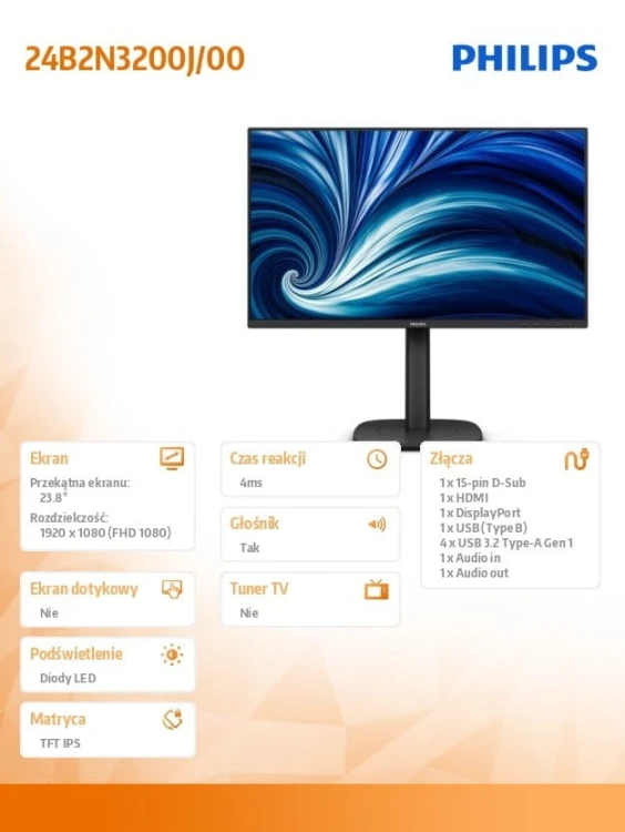 Philips Monitor 24B2N3200J 23.8 cala IPS 120Hz HDMI DP VGA Pivot ...